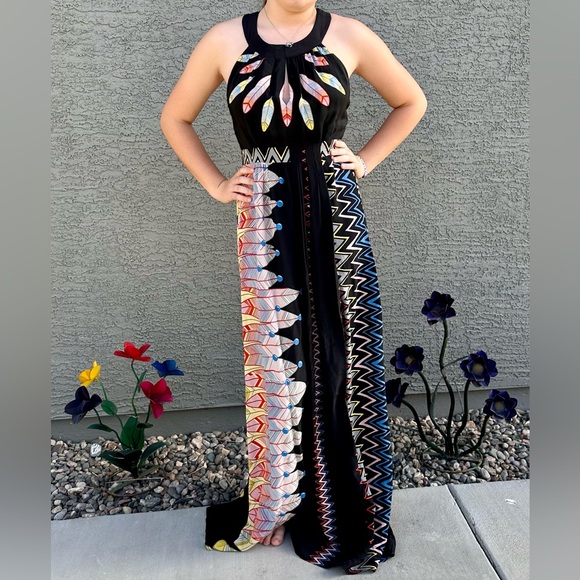 Tibi | Dresses | Tibi Bright Feather Print Black Silk Maxi Dress W ...
